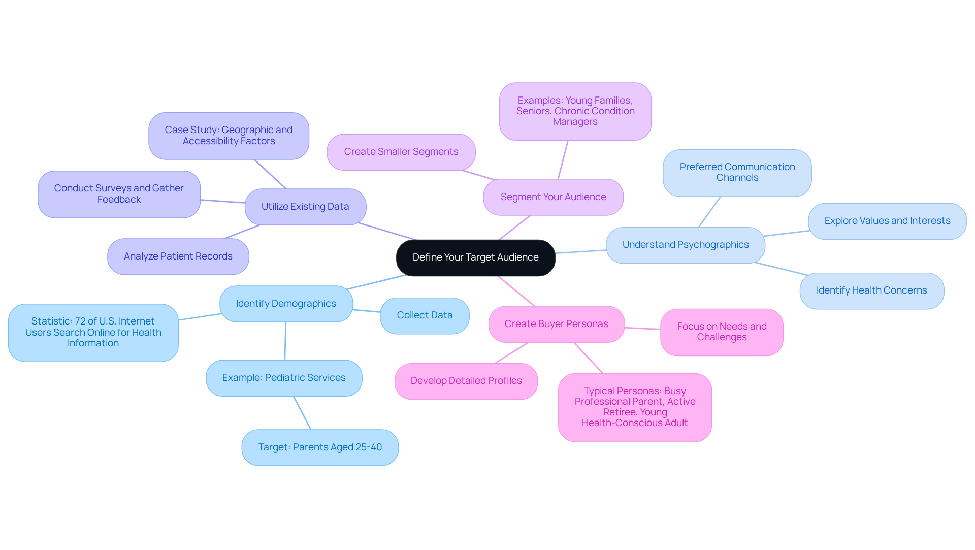 Start at the center with the main goal of defining your audience, then follow the branches to explore each key step and its specific actions. Each color represents a different category, making it easy to see how they connect.