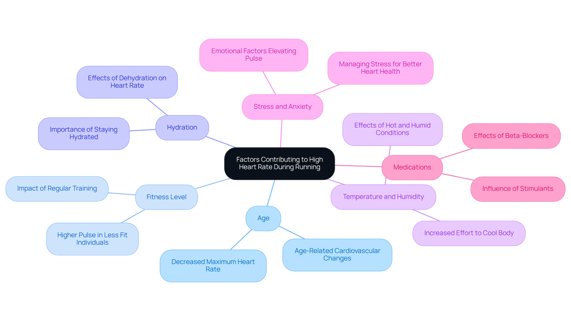 This mindmap shows the various factors that can lead to a higher heart rate while running. Each branch represents a different factor, and you can explore how they connect to the main idea of heart rate responses during exercise.