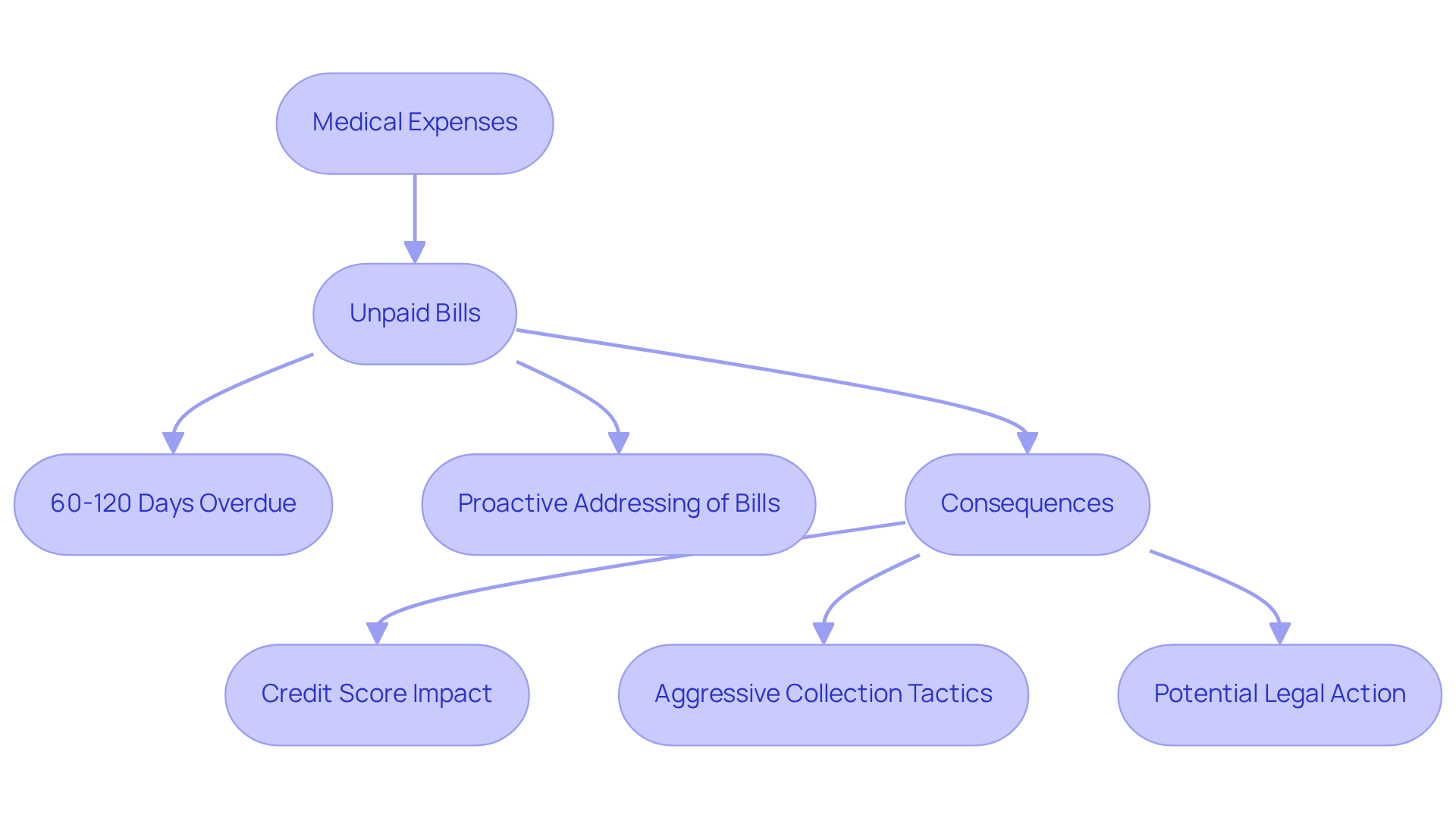 This flowchart illustrates the journey of medical expenses from being incurred to the potential consequences of unpaid bills. Follow the arrows to see how unpaid bills can lead to serious repercussions, and understand the steps that can be taken to avoid these issues.
