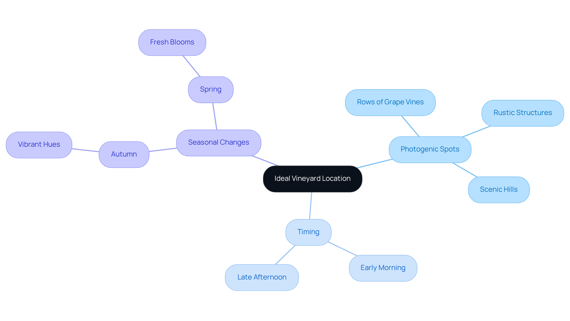 The central node represents the main topic of vineyard location selection, while the branches show specific factors to consider, helping you visualize how to approach your photoshoot effectively.