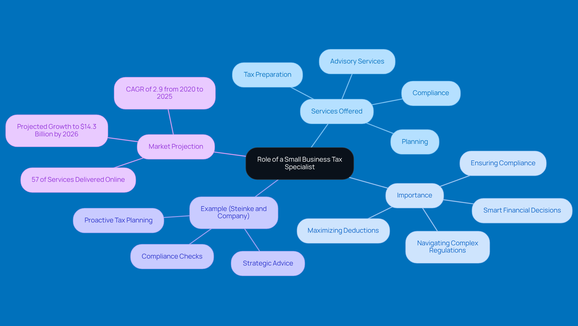 Start at the center with the main role, then explore the branches to see the specific services they provide, why they are important, a real-world example, and the market outlook.