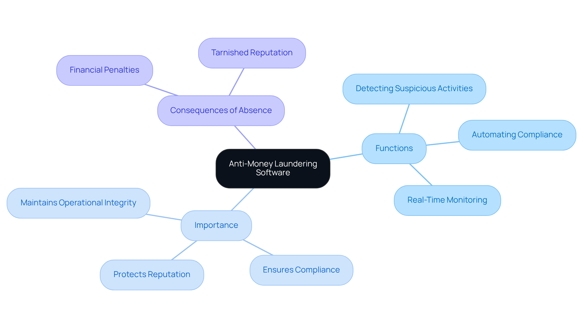 The central node represents the main topic, while the branches show the various functions, importance, and potential consequences related to AML software. Each color-coded branch helps you easily identify different aspects of the topic.