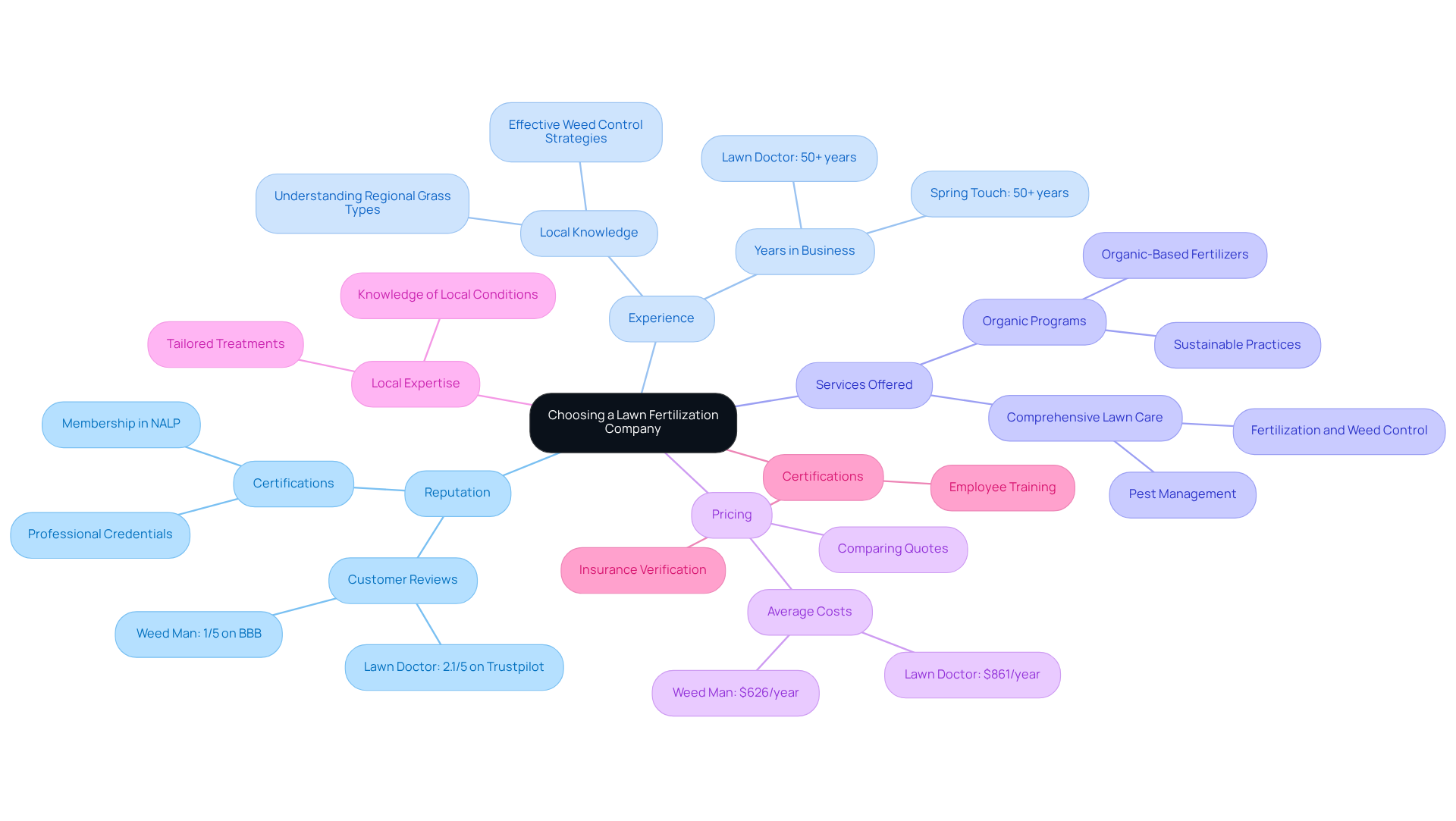 The central node represents the main decision, while the branches show important factors to consider. Each sub-point provides additional details to help you make an informed choice.