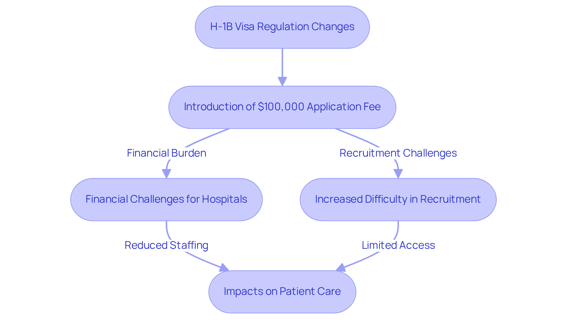 Each box represents a challenge faced by medical employers due to the new visa regulations. Follow the arrows to understand how these challenges are interconnected and influence patient care.