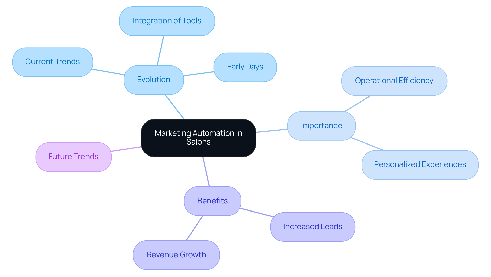 The central node represents the main topic, while branches show different aspects of marketing automation. Each color-coded branch helps you see how these elements connect and contribute to the overall theme.