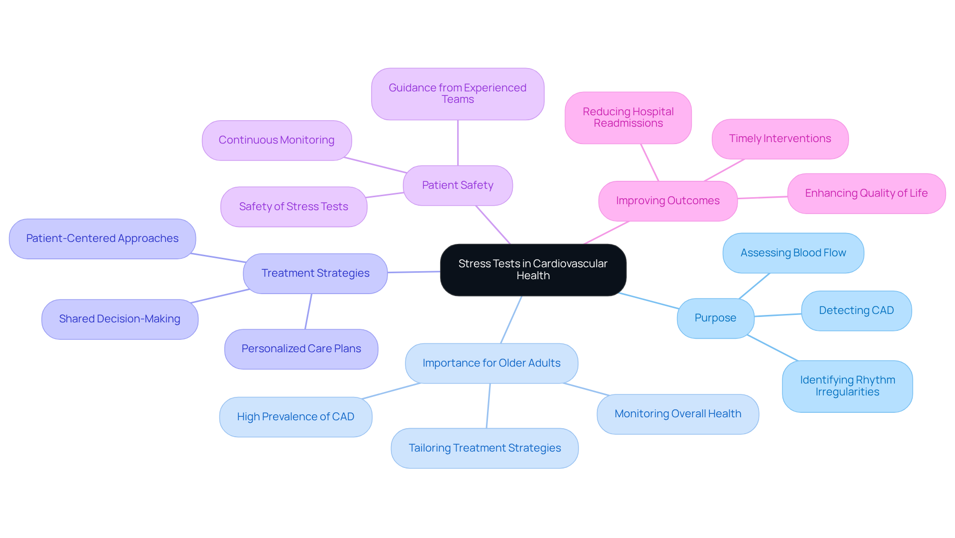 The central node represents the main topic of stress tests. Each branch highlights a key aspect of their importance, with further details available in the sub-branches. This layout helps you see how everything connects and why stress tests are crucial for heart health, especially in older adults.