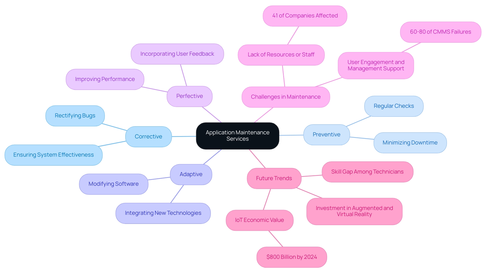 The central node represents application maintenance services, with branches indicating the four types of services and their specific roles.