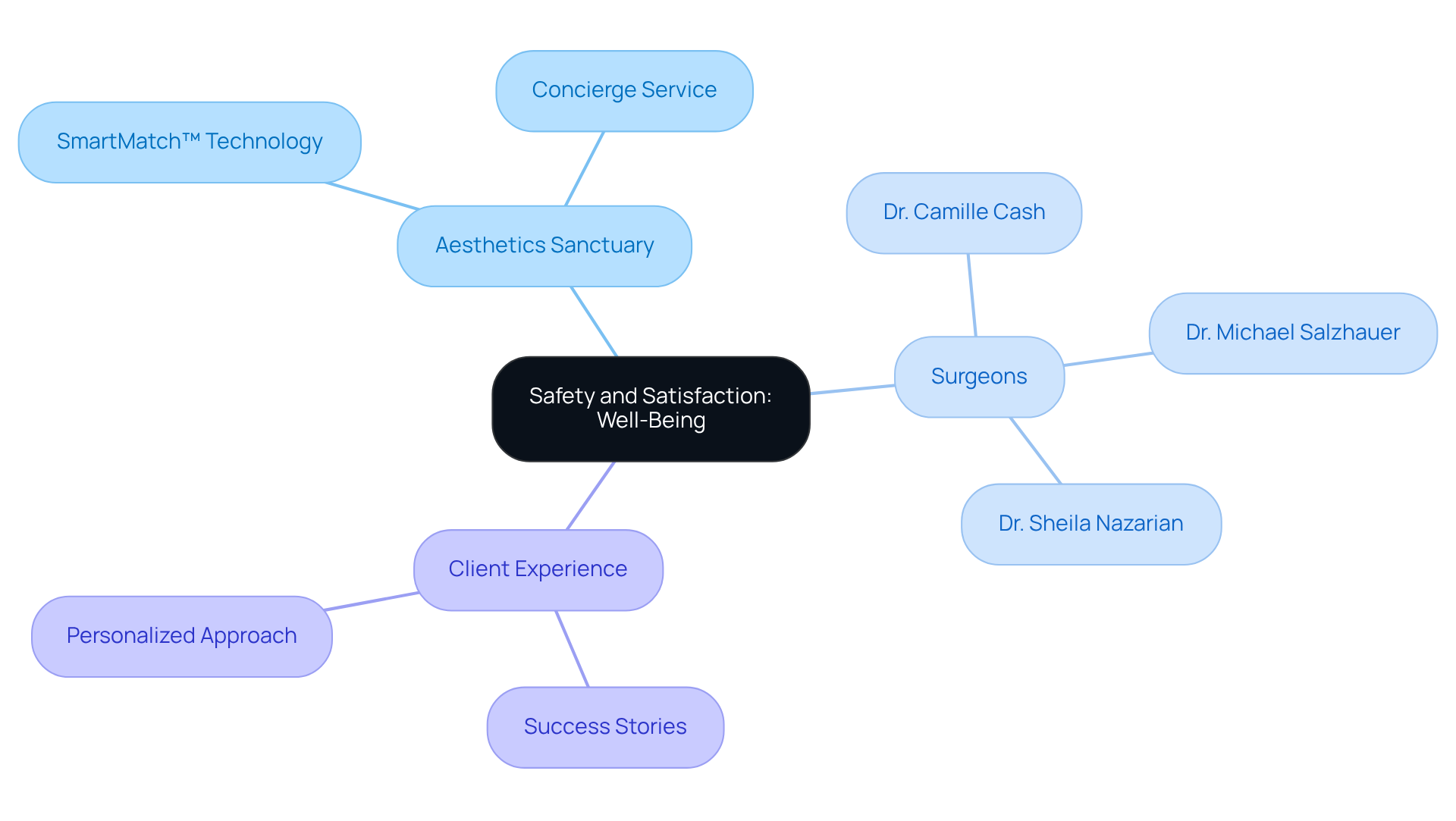 The central node represents the main focus on well-being, while the branches illustrate the connection between the service provided, the expert surgeons, and the positive experiences of clients. Each branch helps you see how these elements work together to ensure a satisfactory cosmetic journey.