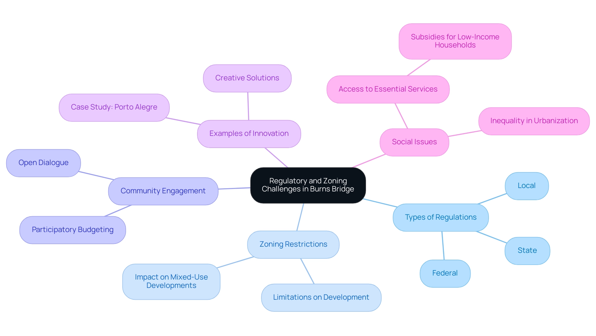 Each branch represents a major category related to regulatory and zoning challenges, with sub-branches detailing specific aspects or examples.