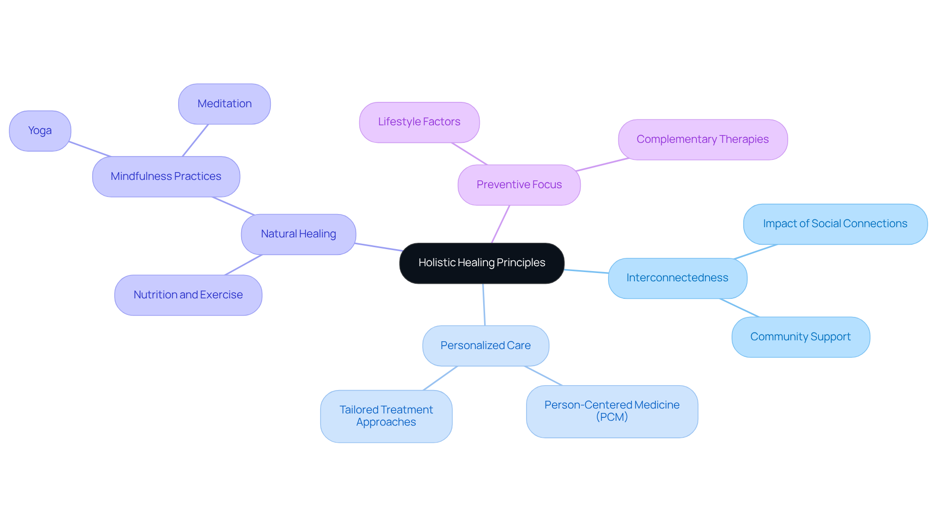 The central node represents holistic wellness, while the branches illustrate key principles that contribute to overall health. Each principle is interconnected, emphasizing the comprehensive nature of holistic healing.