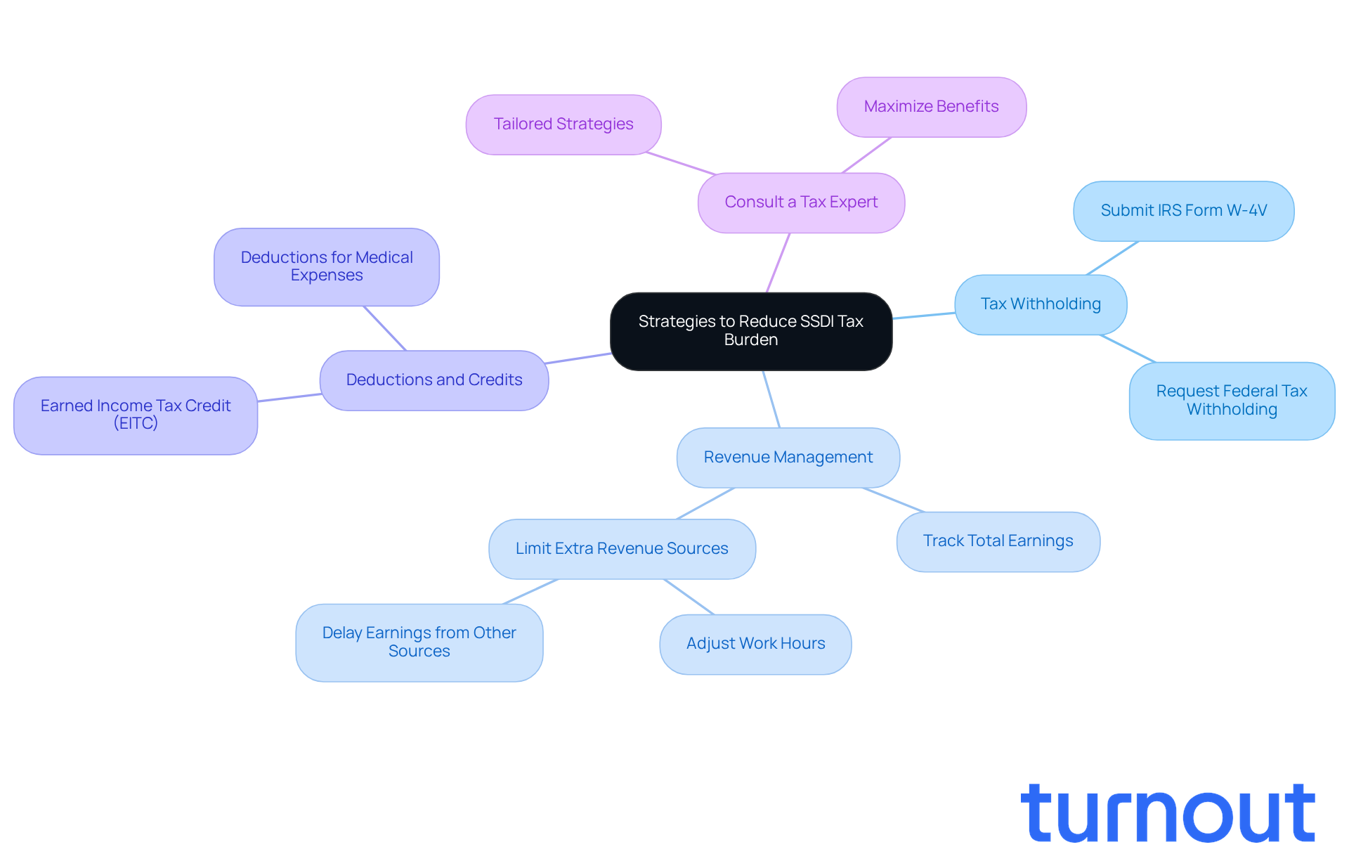 The center shows the main goal of reducing your SSDI tax burden. Each branch represents a different strategy you can use, and the sub-branches provide additional tips or details to help you understand how to implement each strategy.