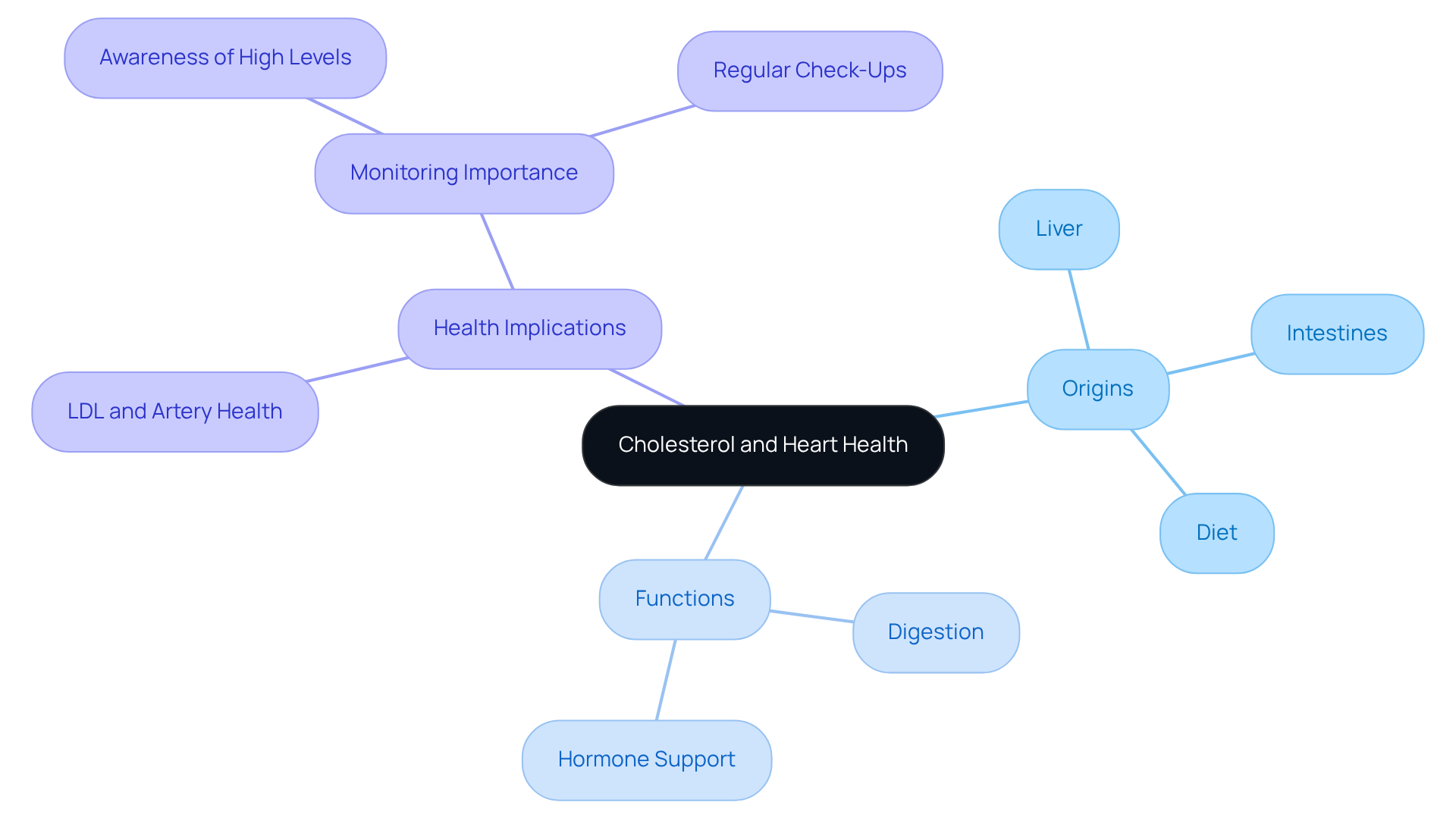 The center represents cholesterol's overall impact on heart health, with branches showing where cholesterol comes from, what it does in the body, and why monitoring it is crucial for maintaining a healthy heart.