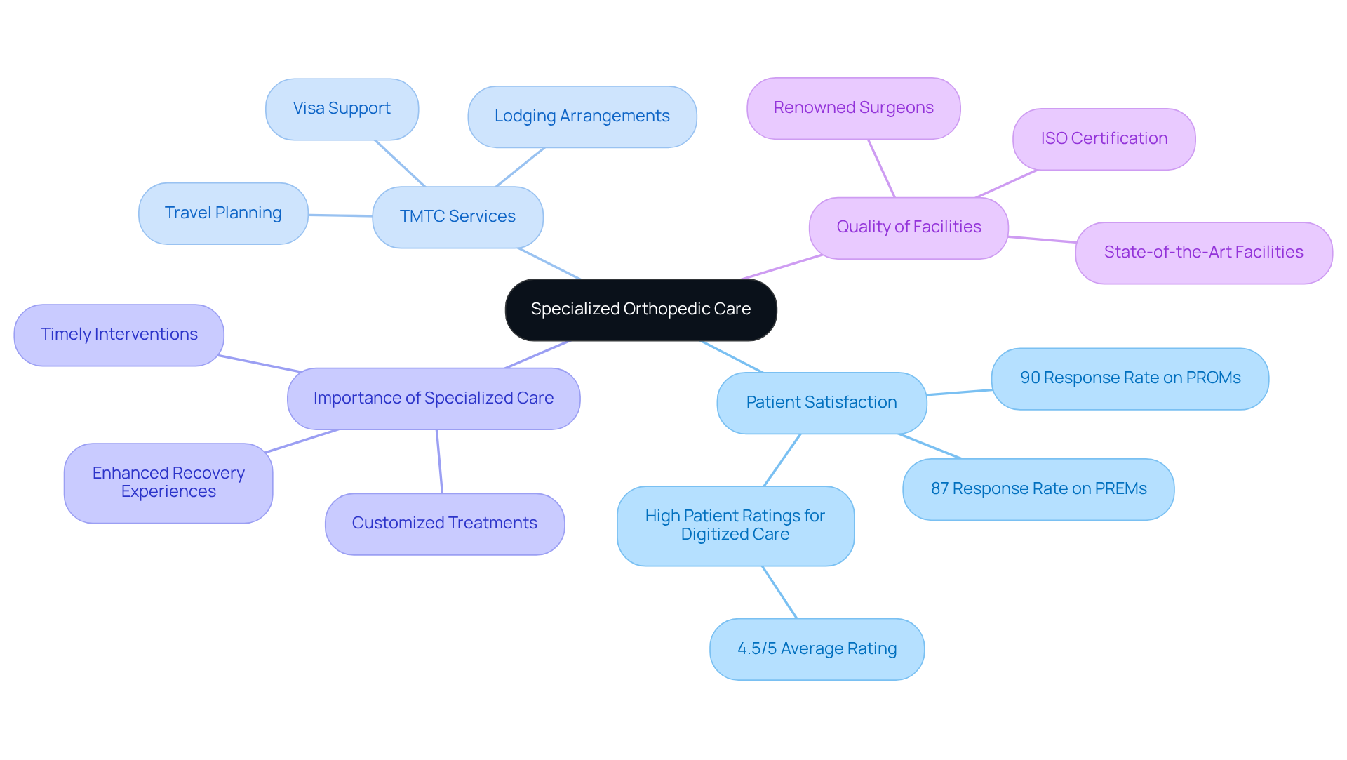 The central node represents the main topic of orthopedic care, while the branches show related areas like patient satisfaction and services offered. Each sub-branch provides more detail, helping you understand the full picture of what specialized care entails.