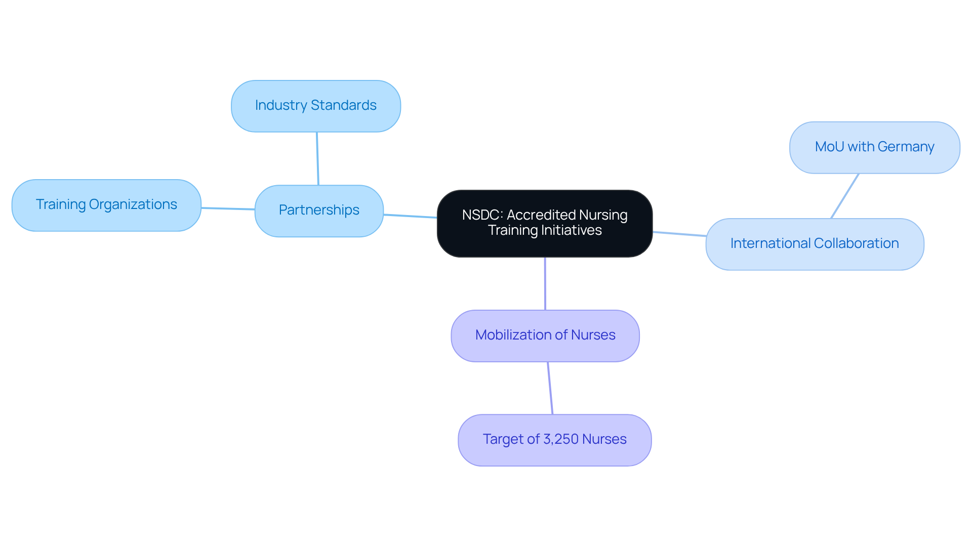 The central node represents NSDC's initiatives, while the branches show key areas of focus. Each sub-node provides more detail about specific actions or goals related to nursing education and workforce development.