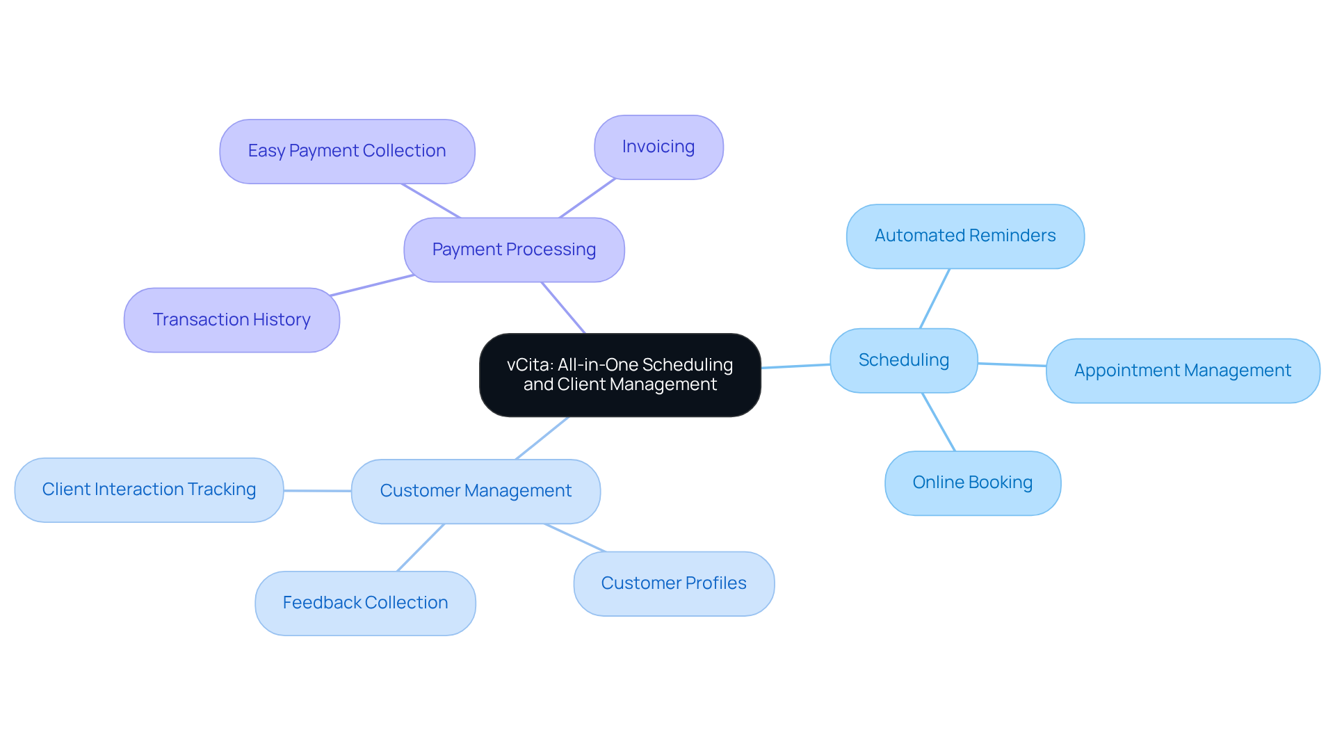 The central node represents vCita, while the branches show its main functionalities. Each sub-branch highlights specific features that contribute to better client management and operational efficiency.