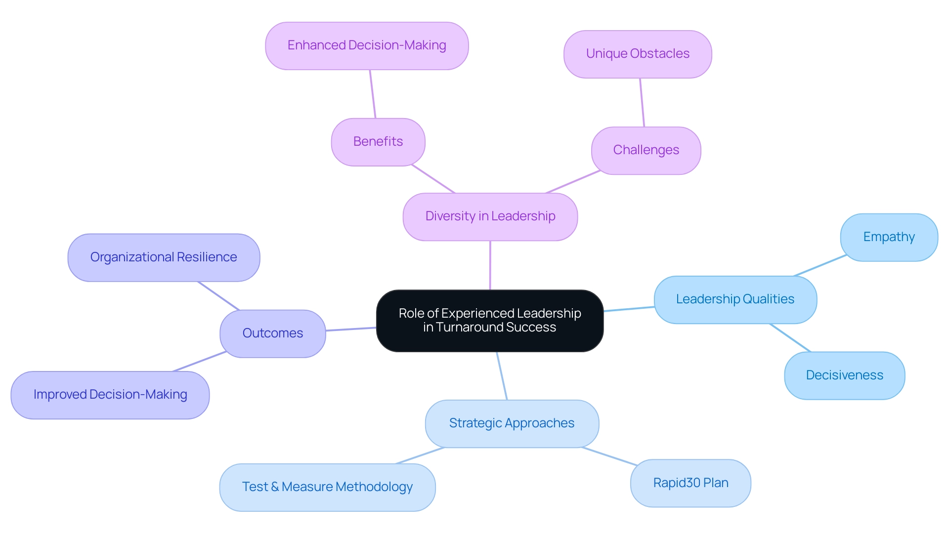 The central node represents the overall theme, with branches showing key leadership qualities, strategic approaches, and their associated outcomes.