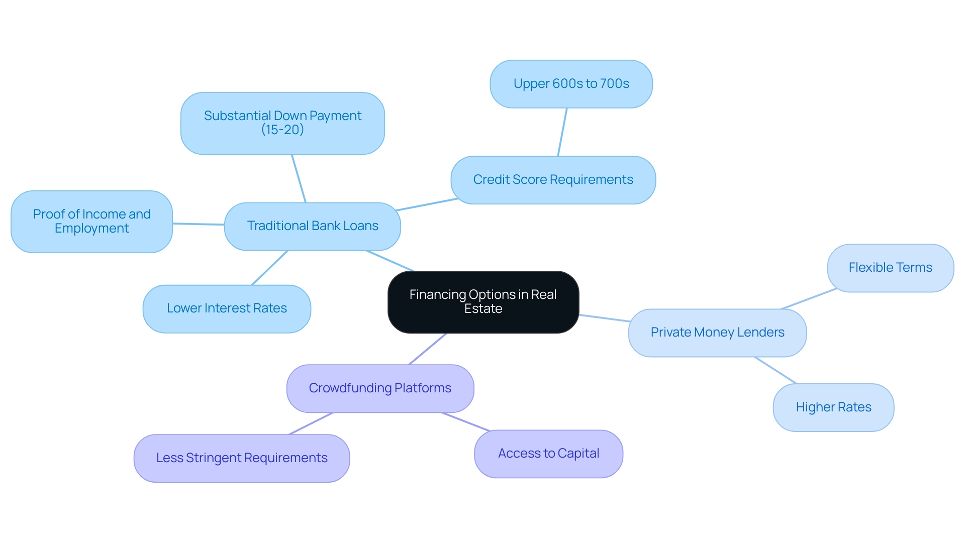 Each branch represents a financing option, with sub-branches detailing their unique advantages and challenges.