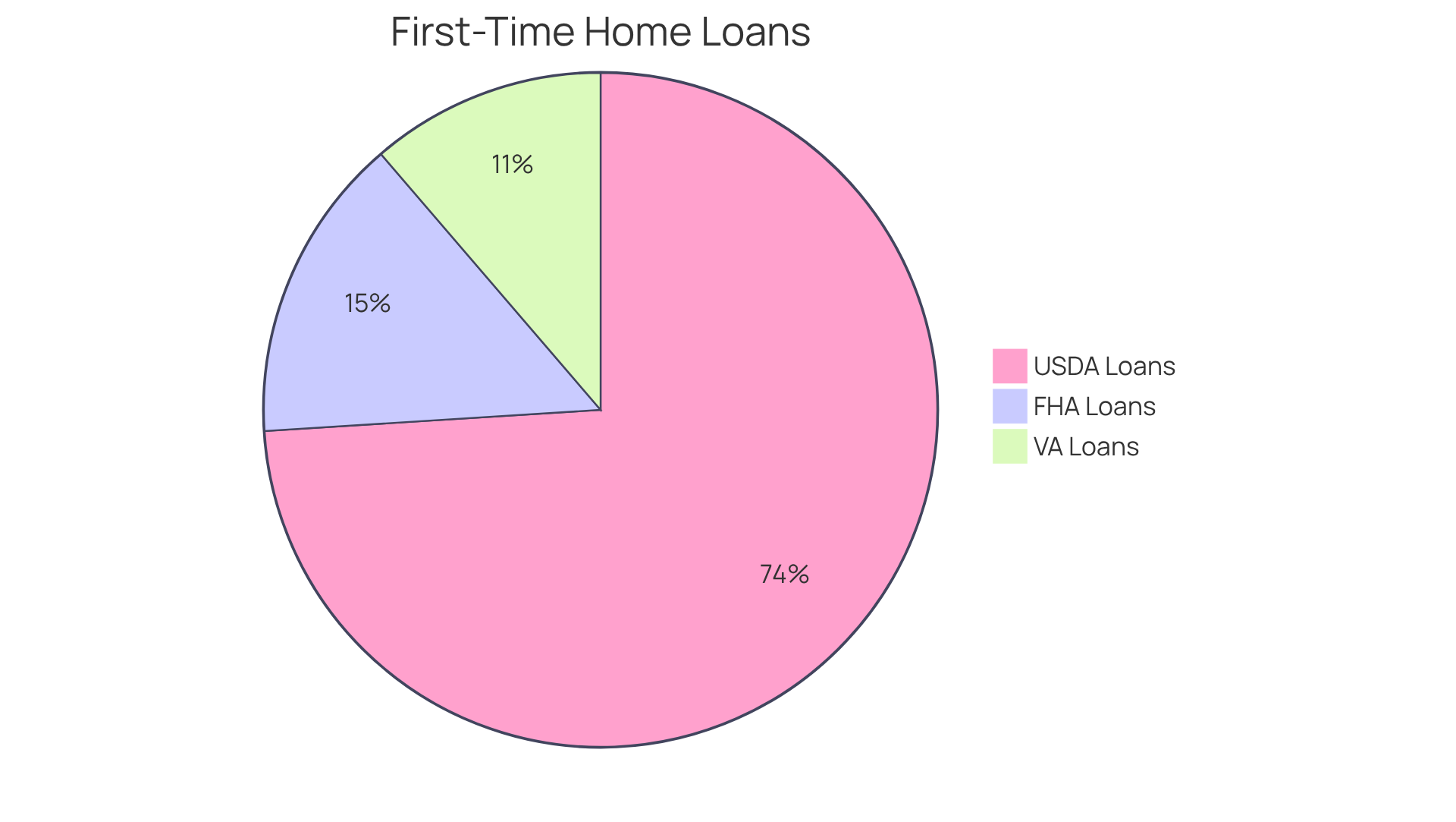 Each slice of the pie represents a type of loan available to first-time homebuyers. The size of each slice shows how much of the total market each loan type accounts for. The bigger the slice, the more popular that loan option is among buyers.
