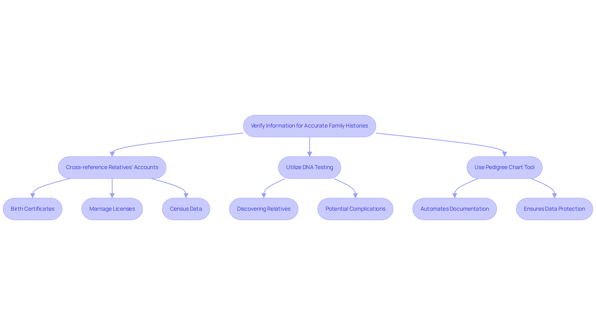 This flowchart guides you through the process of verifying family histories. Each box represents a step or method you can use, and the arrows show how these methods connect to help you build an accurate family lineage.