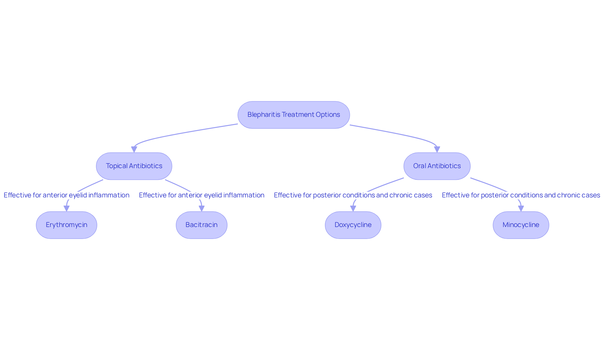 This flowchart guides you through the treatment options for blepharitis. Start at the top with the main options, then follow the branches to see which antibiotics are recommended based on the type of eyelid inflammation you have. Each box provides details on specific antibiotics and their uses.