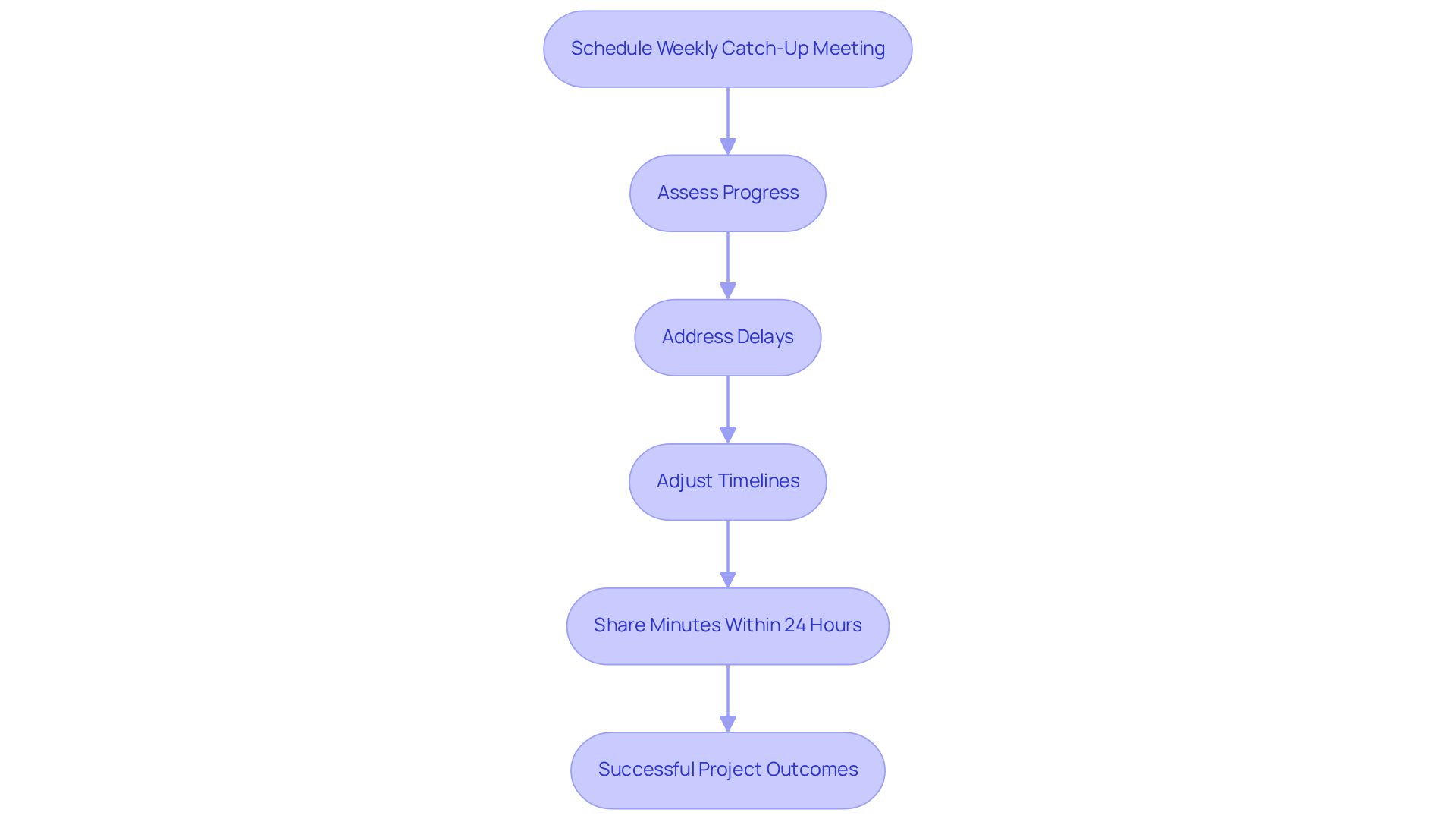 This flowchart illustrates the steps to effectively organize catch-up meetings. Each box represents a key action, and the arrows show how these actions connect to ensure successful project outcomes.