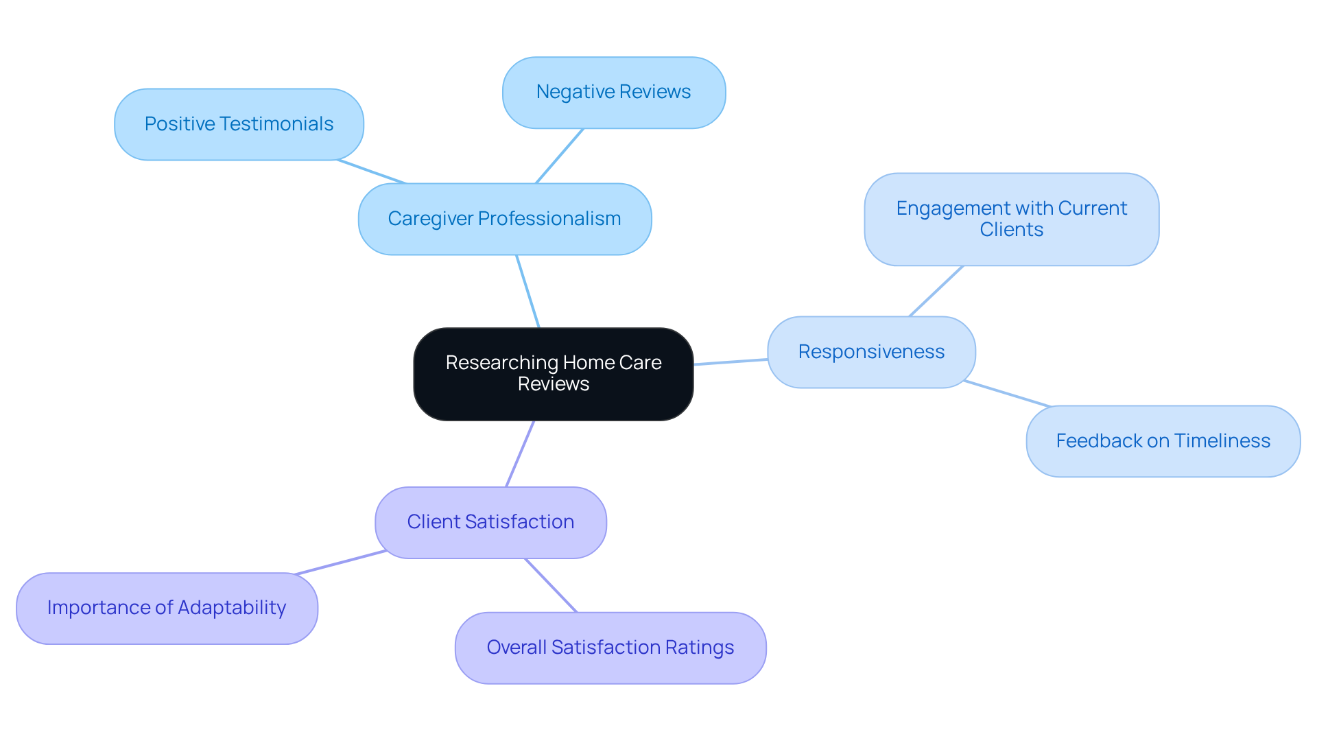 The central node represents the main topic of reviews, with branches showing important areas to focus on. Each branch points to specific feedback types that families should evaluate when choosing a home care service.