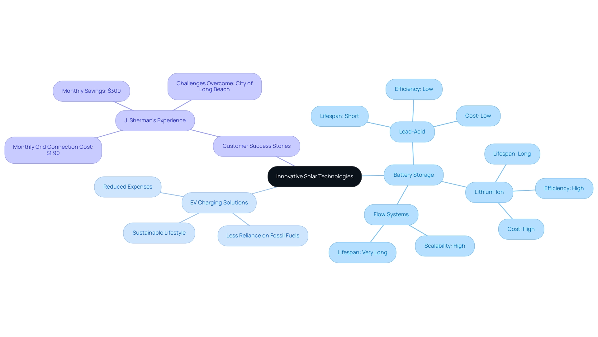 The central node represents the overarching theme; branches indicate major topics such as battery storage and EV charging, with sub-branches providing detailed information and testimonials.