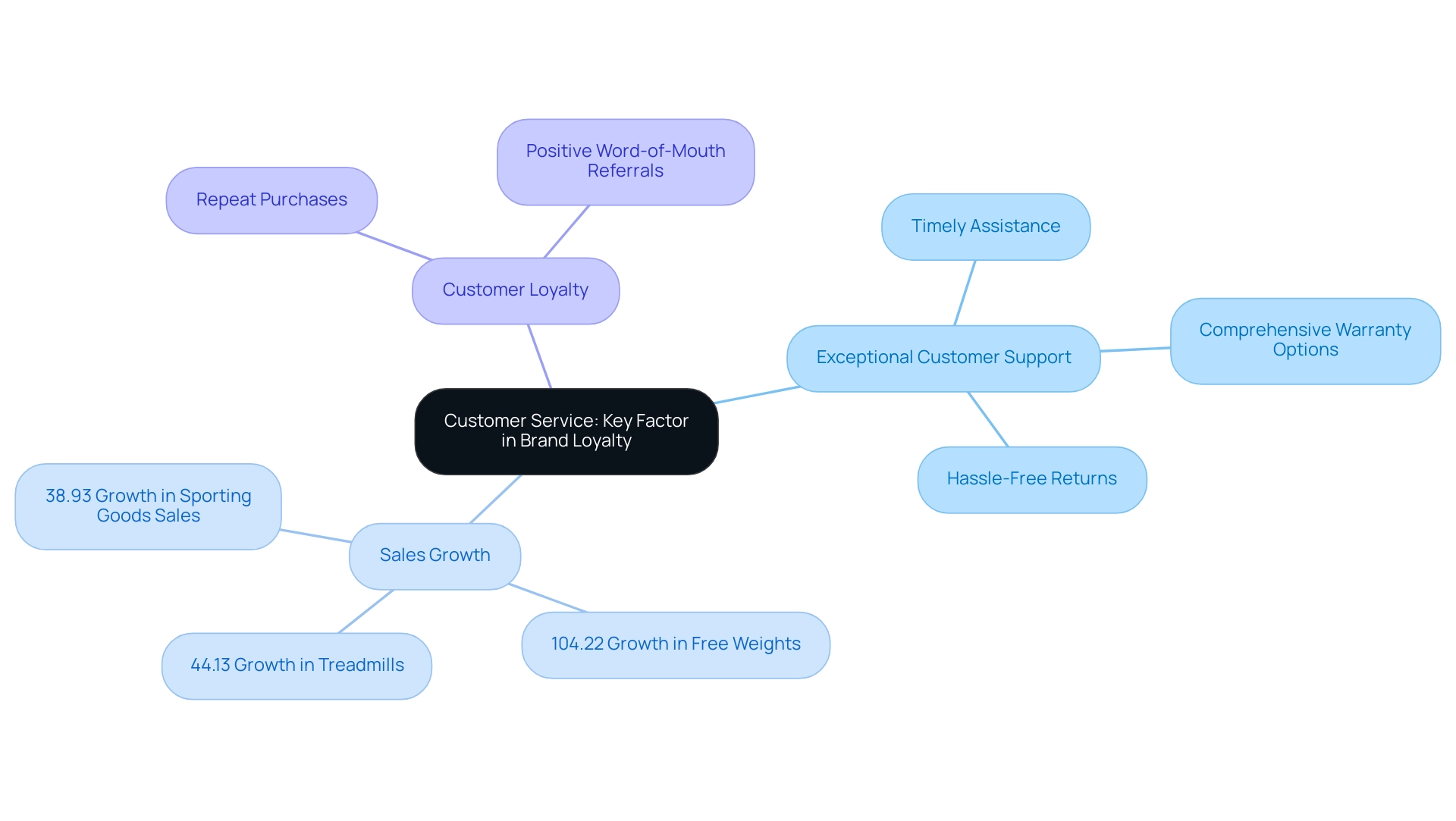 The central node represents the main idea, with branches showing customer service practices, sales growth statistics, and outcomes related to customer loyalty.