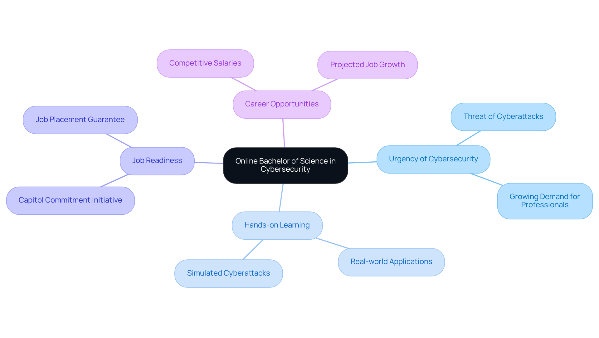 The central node represents the cybersecurity program, while the branches show key themes and details that highlight the program's strengths and opportunities.