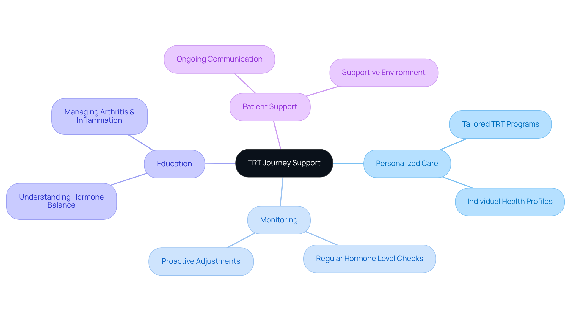 The central node represents your TRT journey, with branches showing the different types of support available. Each branch highlights a key area of focus, helping you understand how Woodlands Wellness & Cosmetic Center supports you.