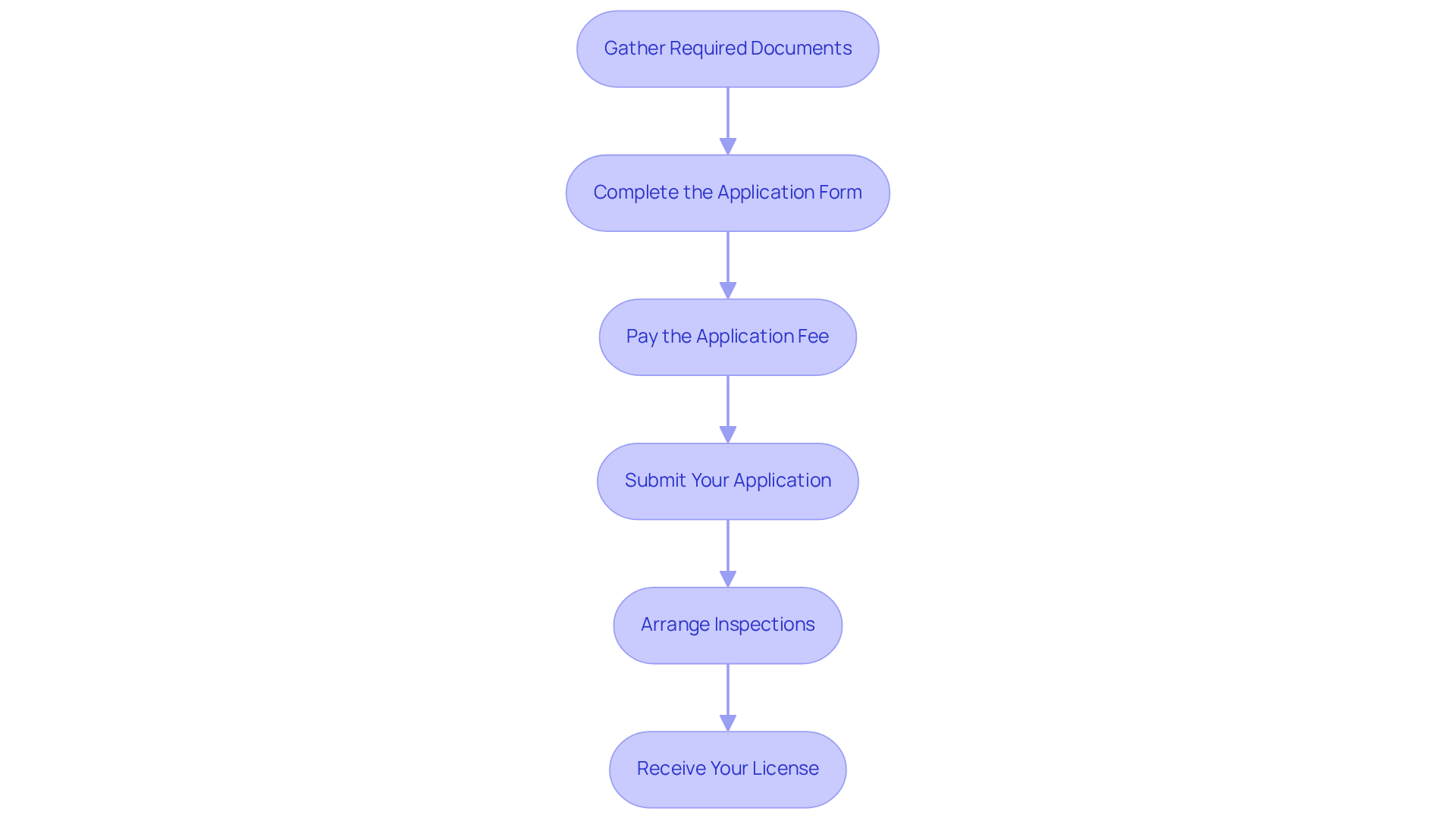 Each box represents a step in the application process. Follow the arrows to see what you need to do next to successfully get your business license.