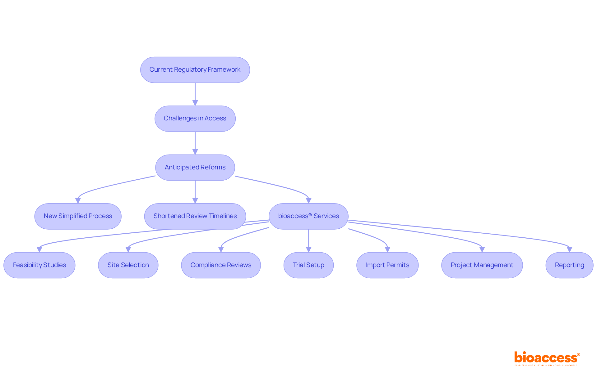This flowchart outlines the steps in the regulatory process for emergency use authorization in Mexico. Follow the arrows to see how the current framework leads to challenges and anticipated reforms, along with the services offered by bioaccess® to help navigate these regulations.