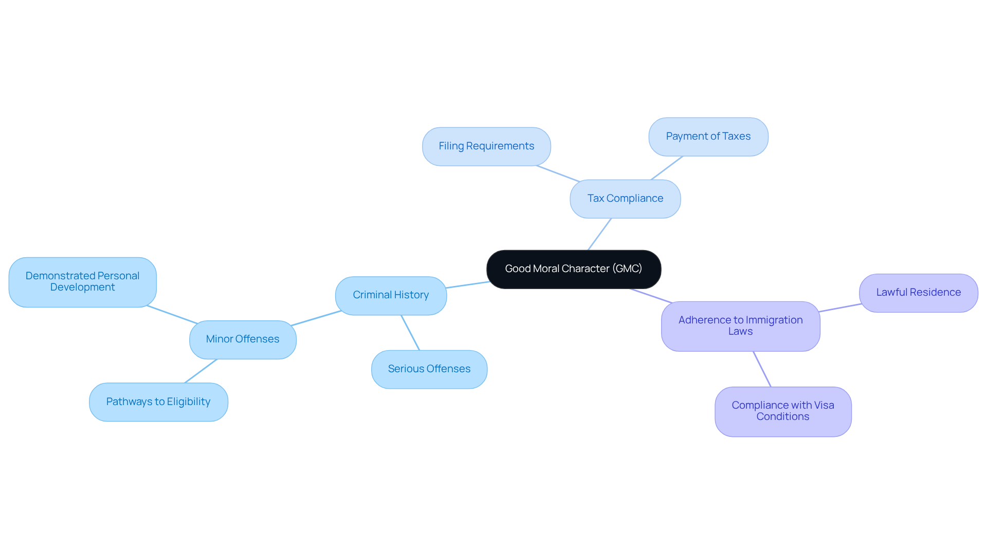 At the center, we have the concept of 'Good Moral Character'. The branches show key factors that influence GMC, helping you understand what is important for your citizenship application. Each color-coded branch represents a different factor, making it easy to see how they connect.