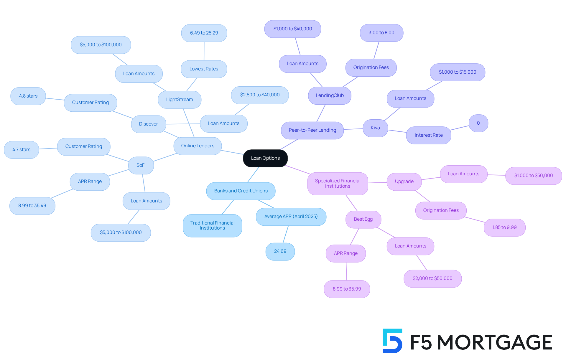 The central node represents loan options, while each branch dives into specific types of lenders. Each sub-branch highlights important details or examples, helping you easily see the differences and make an informed choice.