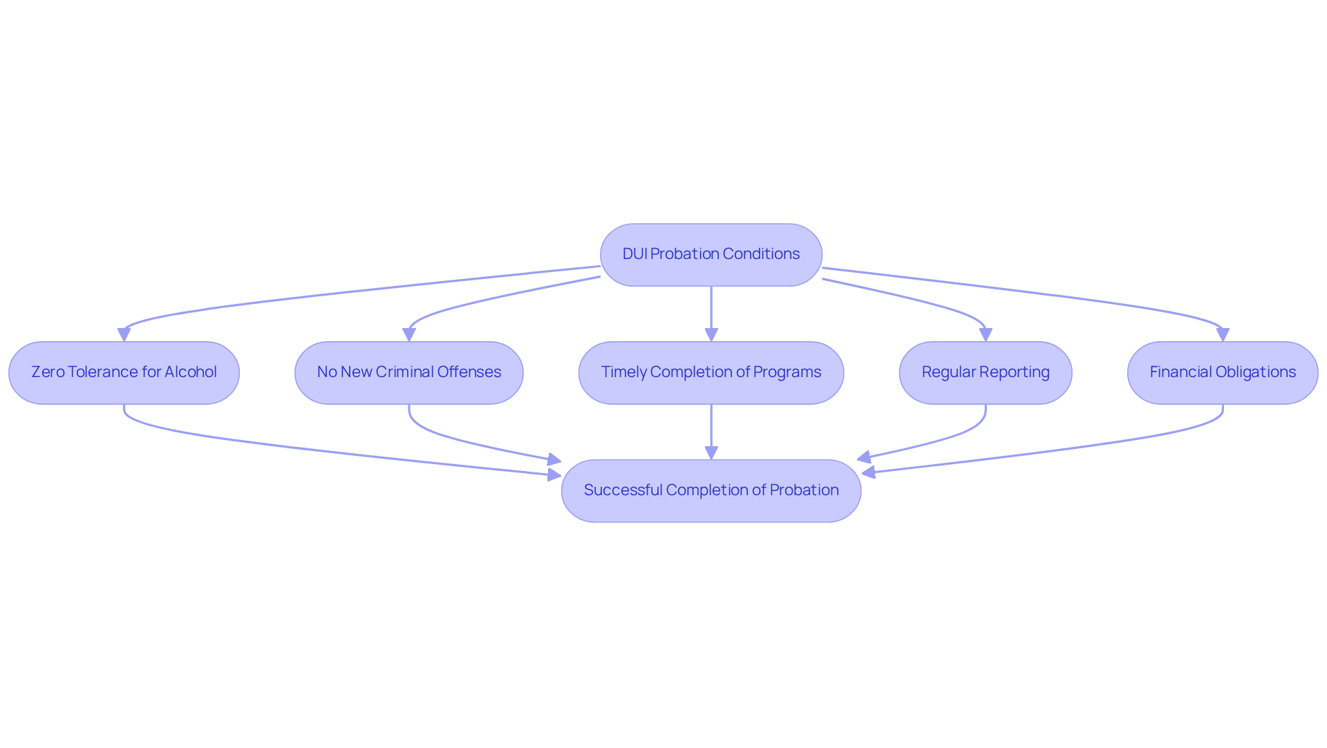 This flowchart shows the key rules you must follow while on DUI probation. Each box represents a critical requirement, and you need to meet all of them to successfully complete your probation and avoid further legal issues. This flowchart shows the key rules you must follow while on DUI probation. Each box represents a critical requirement, and you need to meet all of them to successfully complete your probation and avoid further legal issues.