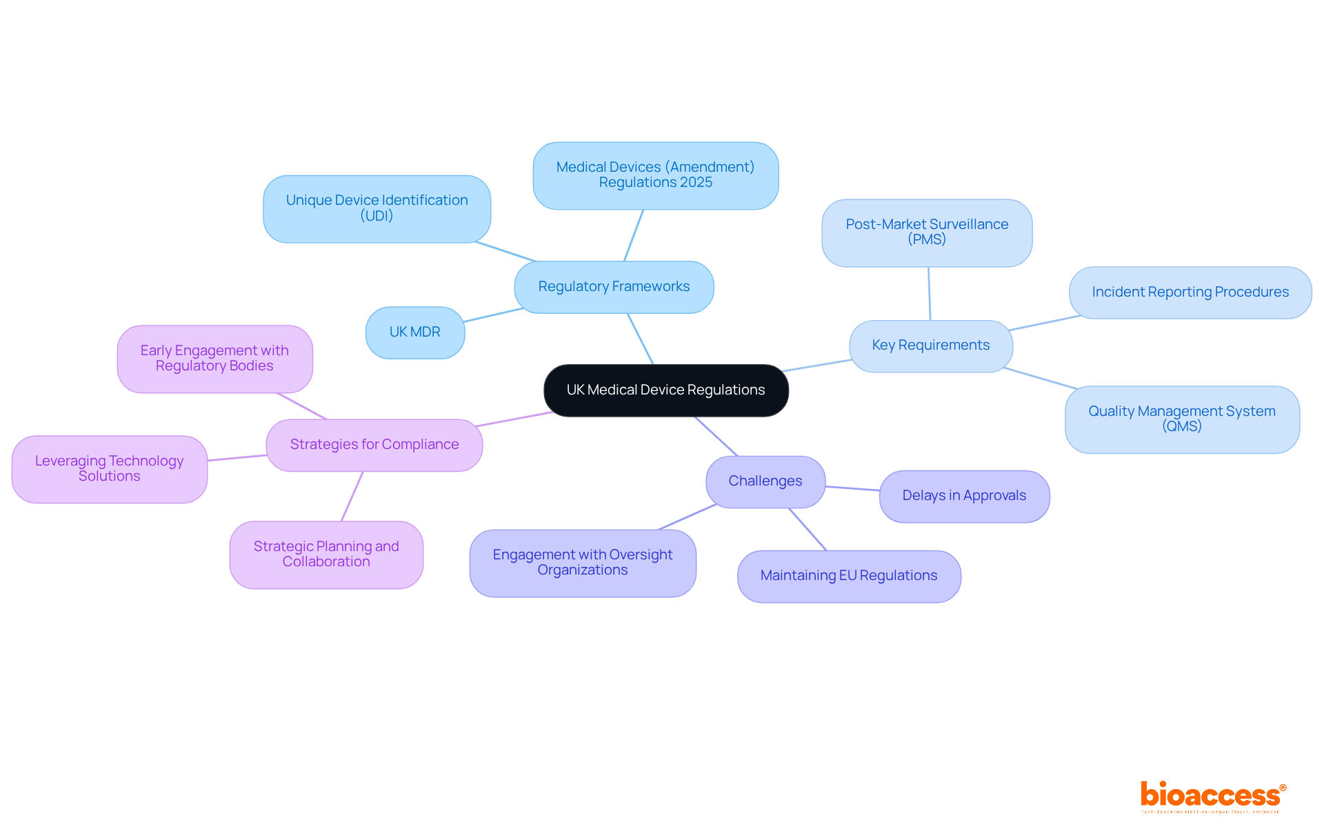 The central node represents the main topic, while branches show different aspects of the regulations. Each color-coded branch helps you see how various elements are connected, making it easier to understand the overall regulatory landscape.