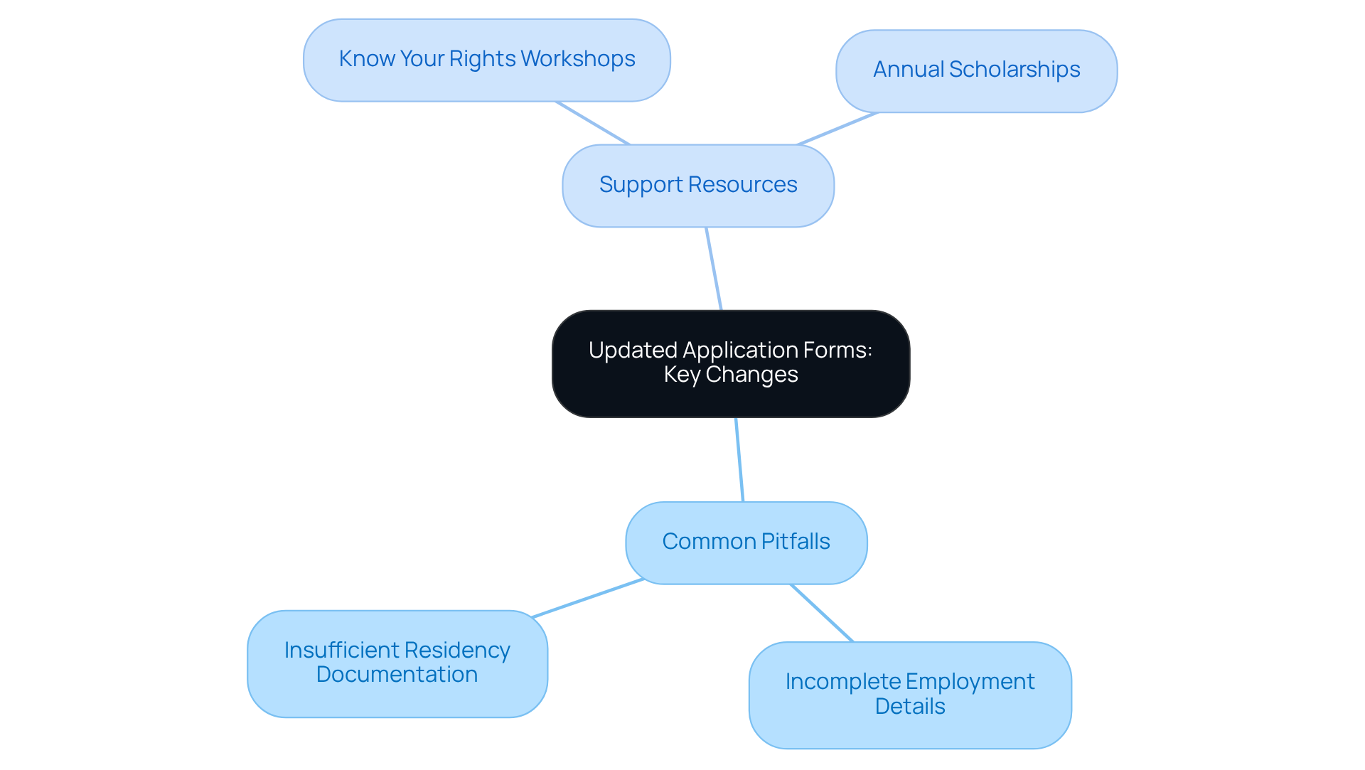 The center represents the main topic of application form updates. Each branch connects to related issues or resources, helping you understand what to focus on and where to find help.