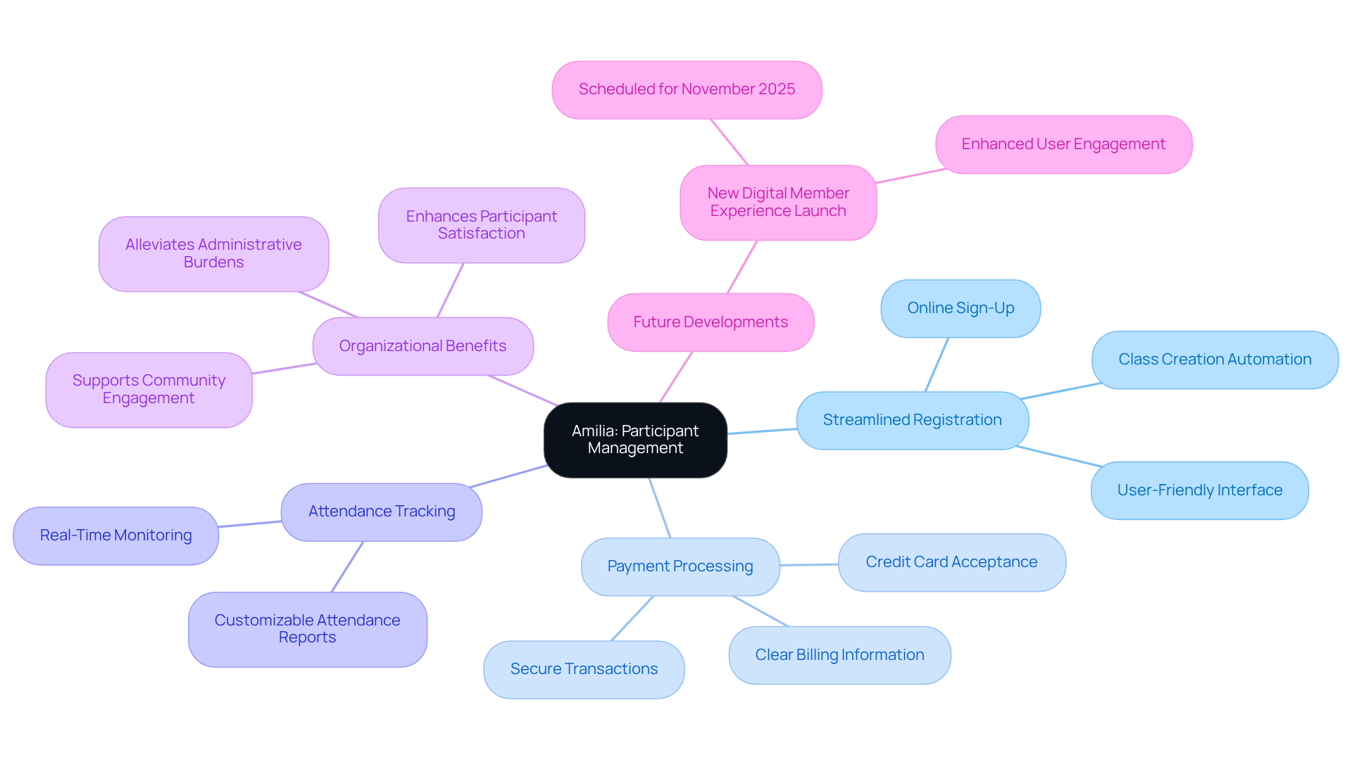 Start at the center with Amilia's core offering, then explore the branches to see how it simplifies registration and enhances participant management for leisure organizations.