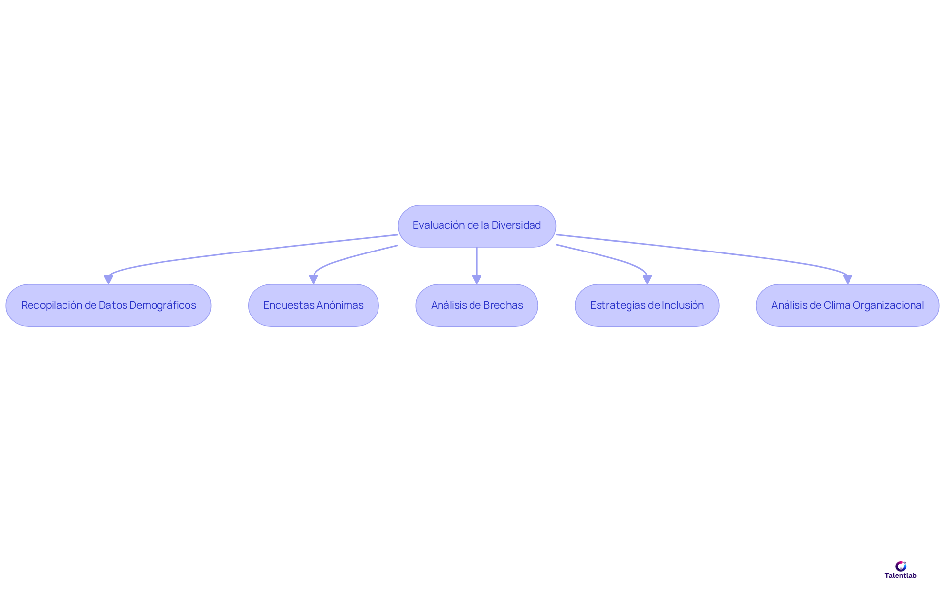 Cada cuadro representa una etapa en el proceso de evaluación de la diversidad. Sigue las flechas para entender cómo cada paso se conecta con el siguiente, desde la recopilación de datos hasta la implementación de estrategias para mejorar la inclusión.