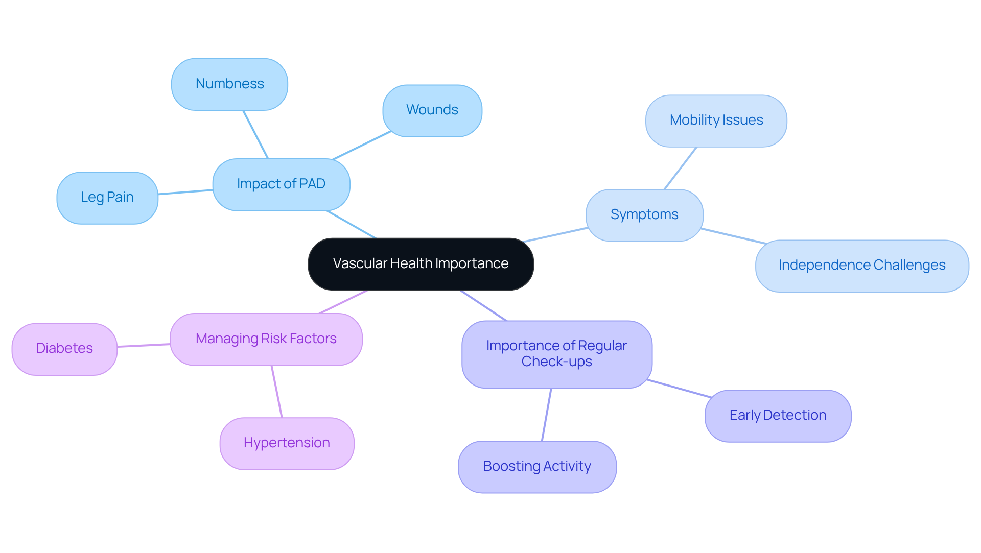 The central node represents the overall theme of vascular health. Each branch highlights a key aspect, showing how they connect to the main topic. Follow the branches to explore symptoms, the importance of check-ups, and how managing risk factors can improve your health.
