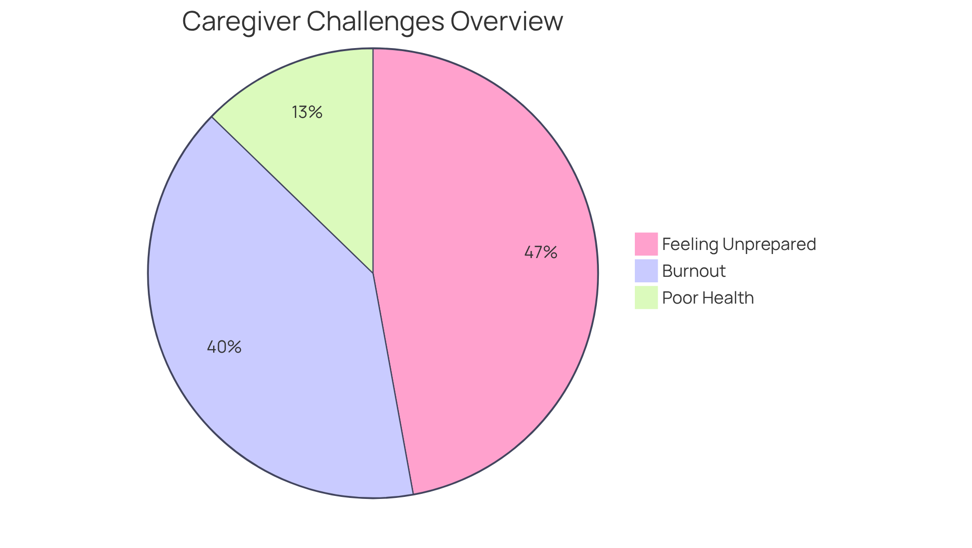 Each slice of the pie shows the percentage of caregivers facing specific challenges or utilizing different support services. The larger the slice, the more significant the issue or service in the caregiver community.