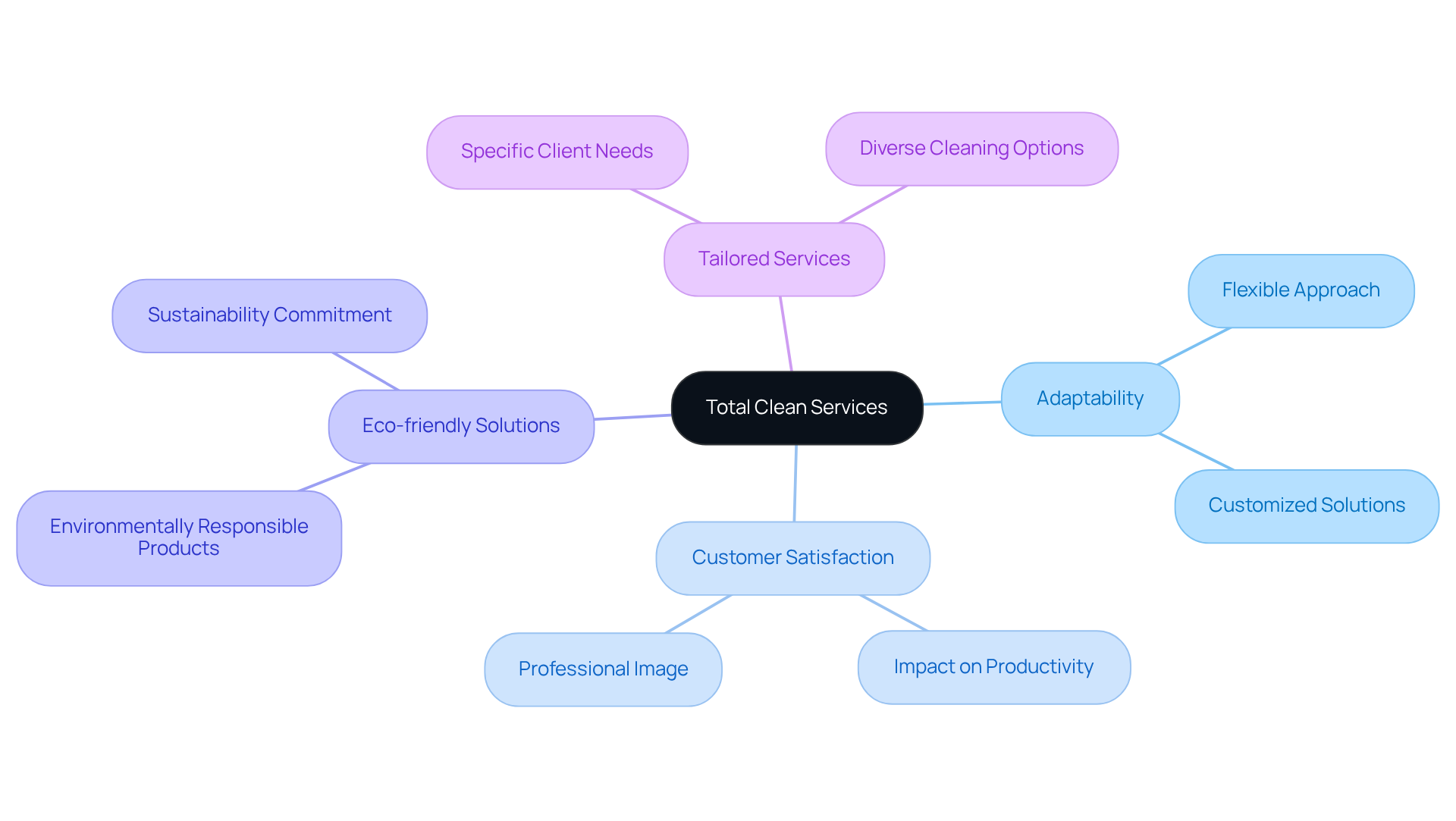 The central node represents the company, while branches show major themes. Each branch contains specific details that illustrate how Total Clean Services meets diverse customer needs.
