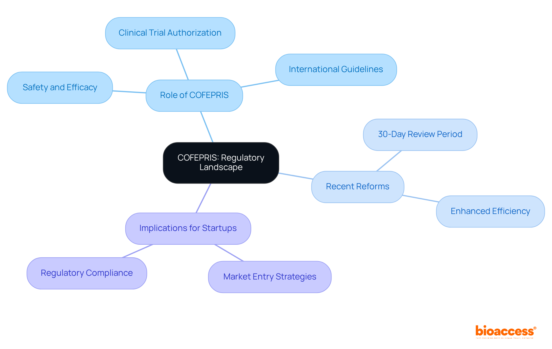 The central node represents COFEPRIS, while the branches show its roles, recent changes, and how these affect startups. Each color-coded branch helps you navigate through the complex regulatory landscape. The central node represents COFEPRIS, while the branches show its roles, recent changes, and how these affect startups. Each color-coded branch helps you navigate through the complex regulatory landscape.