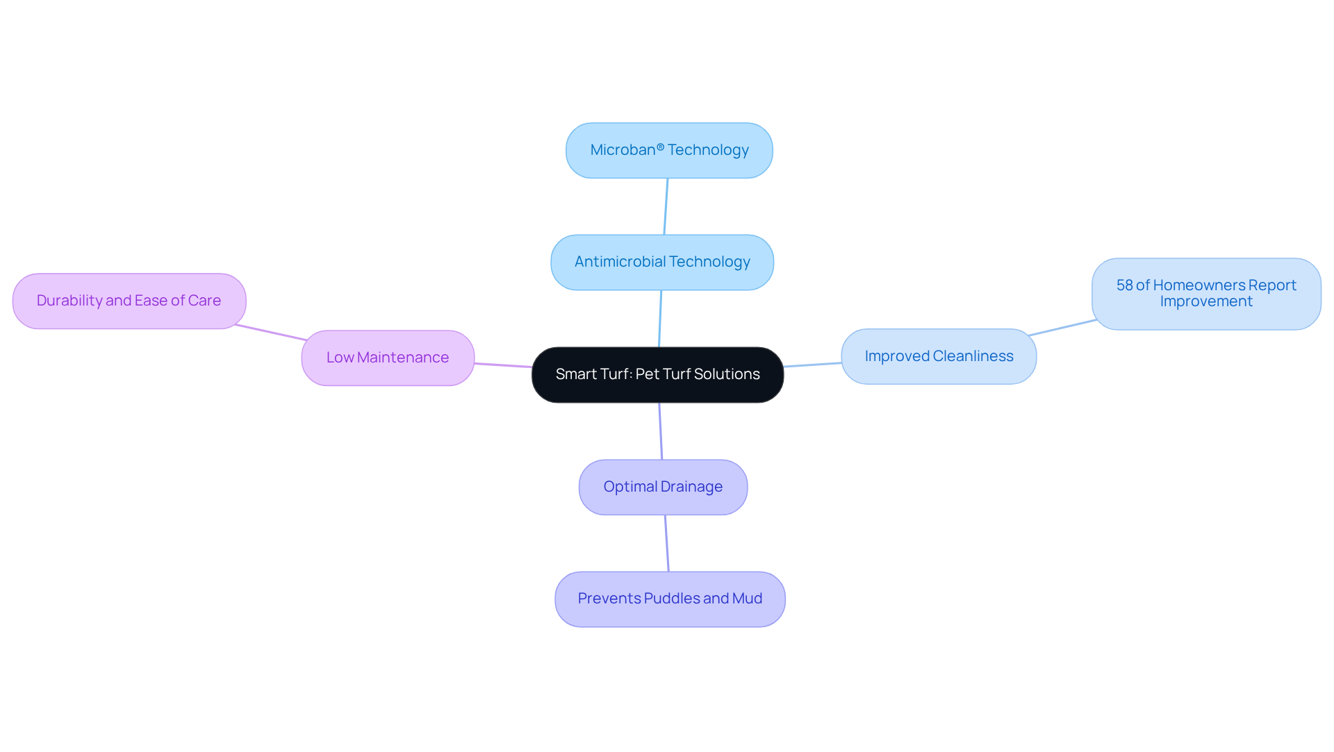 The center represents Smart Turf's offerings, with branches showing key features and their benefits. Each color-coded branch helps you easily identify different aspects of the product.