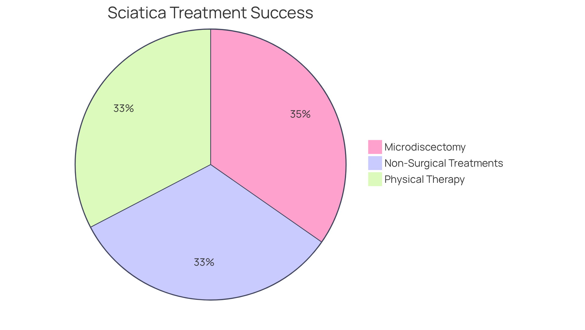 This pie chart shows how effective different treatments for sciatica are. Each slice represents a treatment option, and the size of the slice indicates how many patients found relief. The bigger the slice, the more effective that treatment has been for patients. This pie chart shows how effective different treatments for sciatica are. Each slice represents a treatment option, and the size of the slice indicates how many patients found relief. The bigger the slice, the more effective that treatment has been for patients.