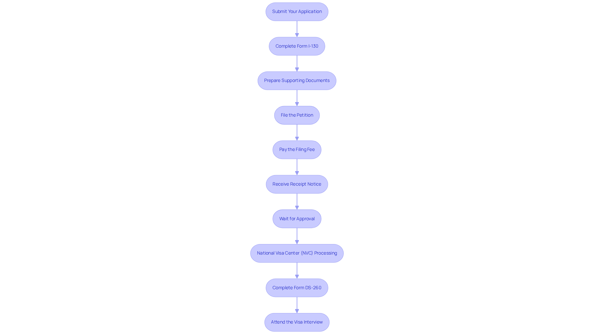 Each box represents a step in the visa application process. Follow the arrows to see the order in which you should complete each task, from filling out forms to attending your visa interview.