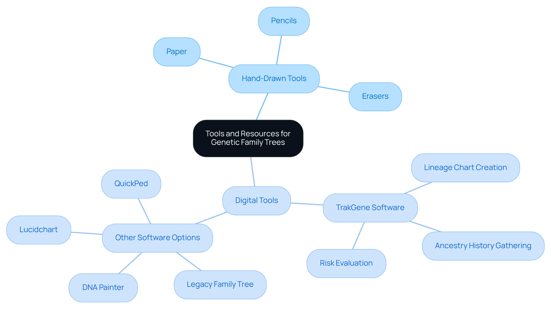 The central node represents the main topic, while the branches show different categories of tools. Each sub-branch provides specific items or features, helping you understand what you need for both hand-drawn and digital illustrations.