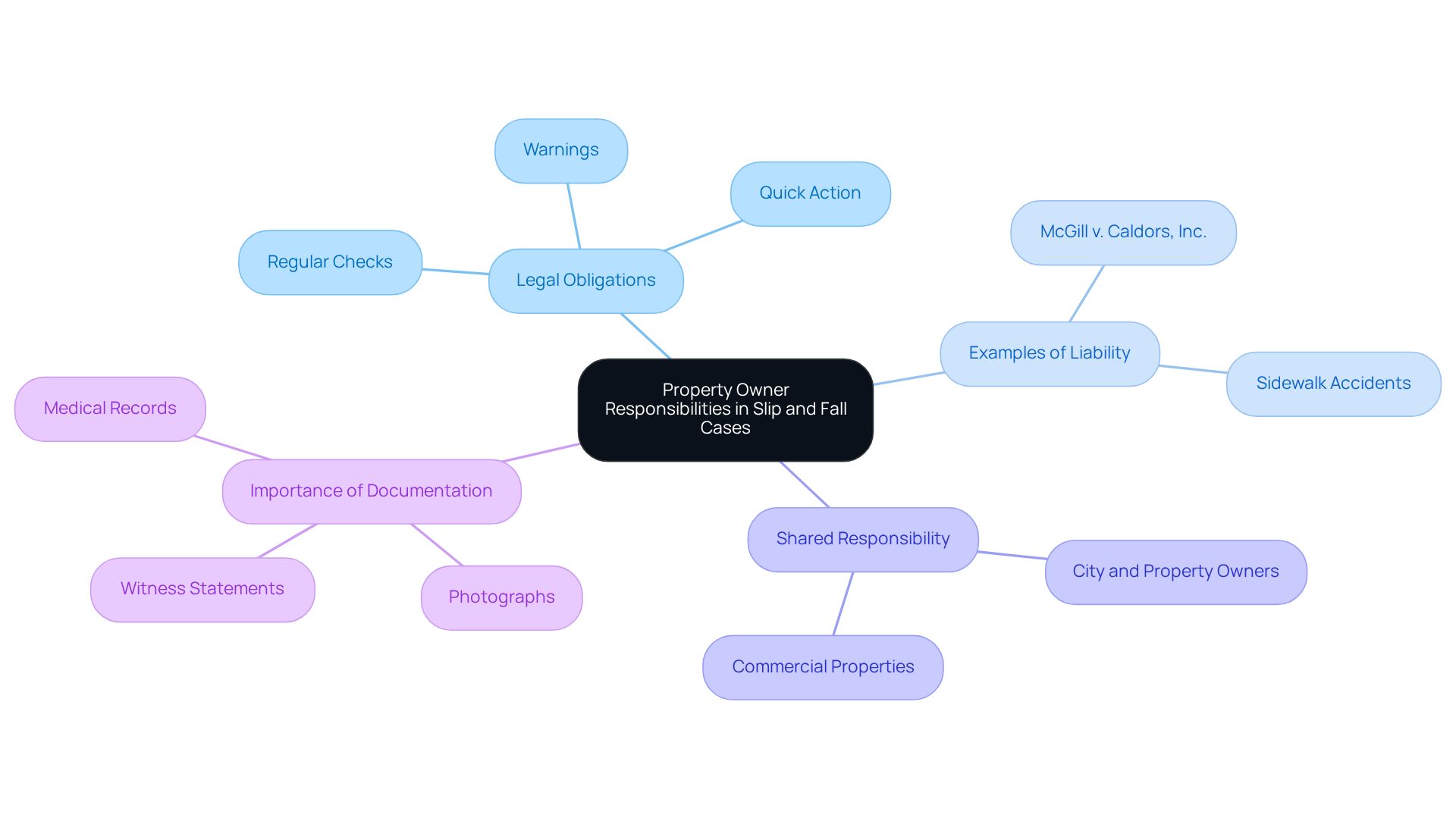 The central node represents the main topic, while the branches show different aspects of property owner responsibilities. Each color-coded branch helps you navigate through legal obligations, real-life examples, shared responsibilities, and the importance of documenting hazards.