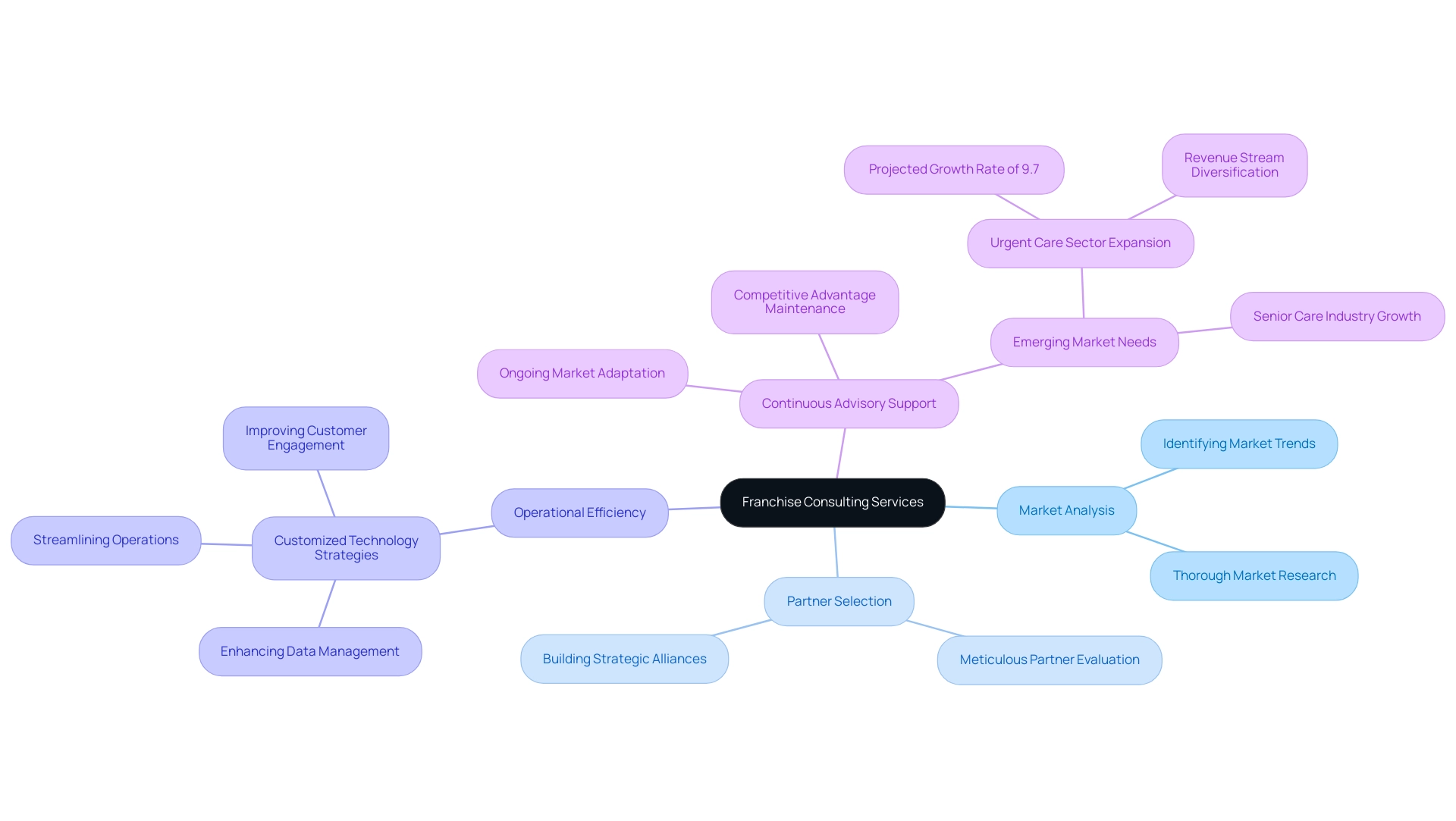 Each branch represents a key service area of franchise consultants, with sub-branches detailing specific elements of support.