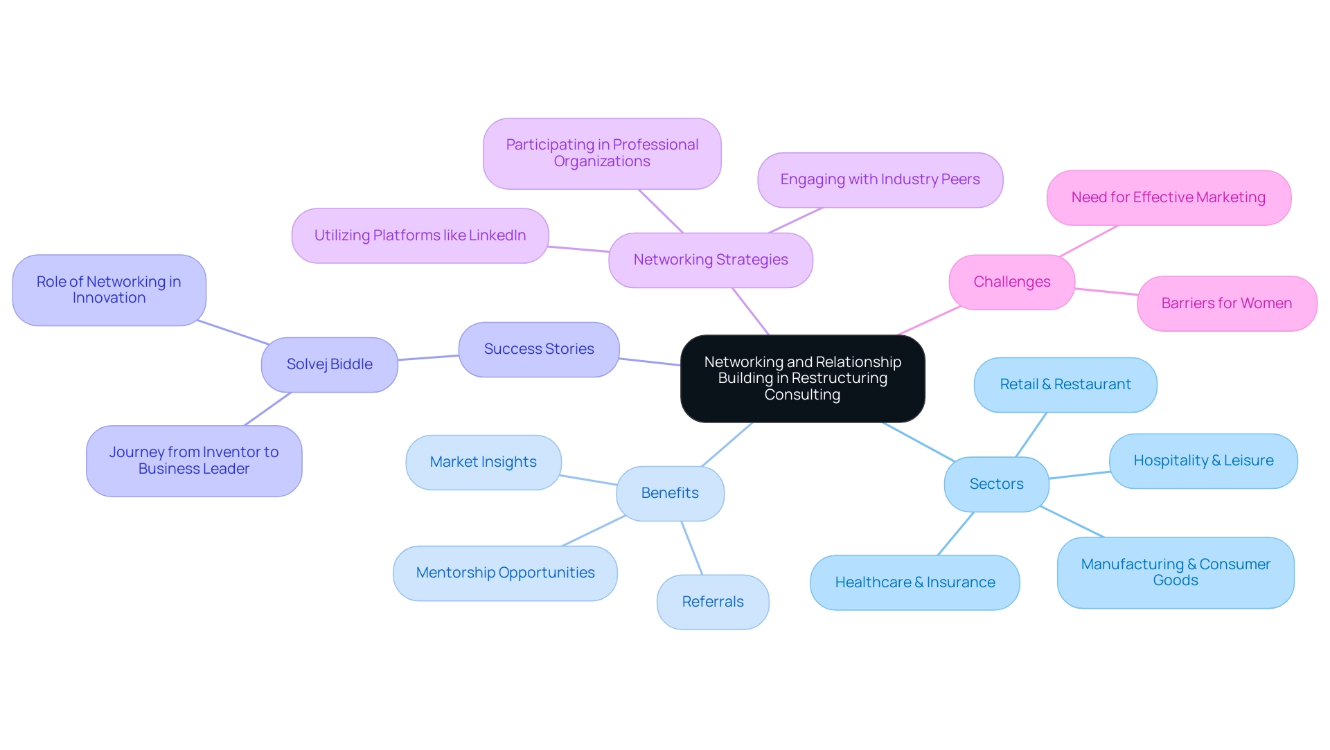 Each branch represents a key area related to networking: sectors, benefits, and success stories, with distinct colors for each category.